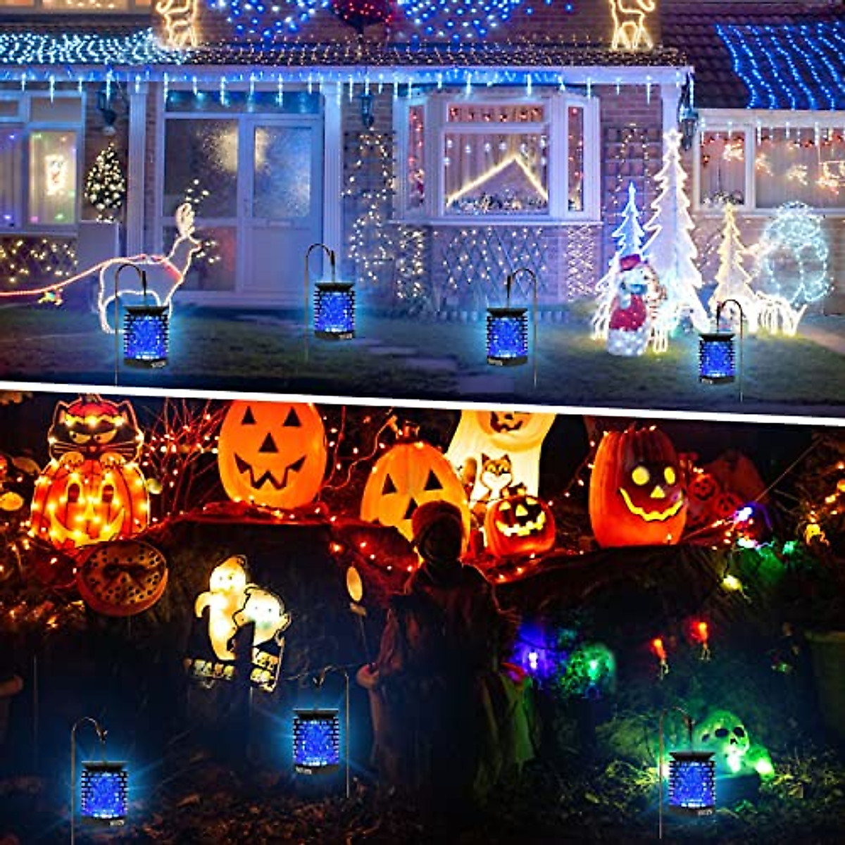 EOYIZW Solar Lantern Lights Outdoor Decor Flame Lights, Upgraded 99LEDs Dancing Flickering Flame Lights, Waterproof LED Lanterns Lights for Decor Garden Patio Pathway Deck Yard Blue-1Pack