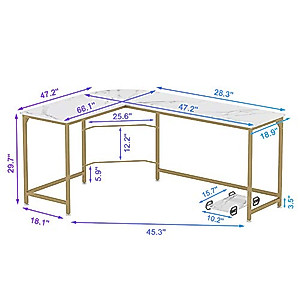 Teraves Reversible L-Shaped Desk Corner Gaming Computer Desk Office Workstation Modern Home Study Writing Wooden Table (Large, White Marbling+ Gold Frame)