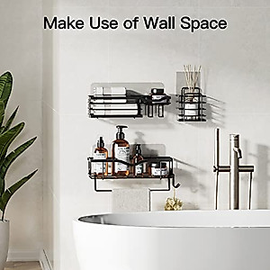 AMADA HOMEFURNISHING Shower Caddy, Shower Organizer with Soap Holder, Optional Towel Bar, Removable Hooks, Stainless Steel Shower Shelves for Bathroom, Kitchen, Tool-Free Assembly, Set of 3, AMHSR03B