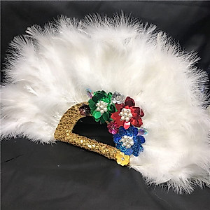 Msbfea African Wedding Party Feather Fan Big Size African White Feather Wedding with Shiny Sequins Flower Feather Fan Color 322