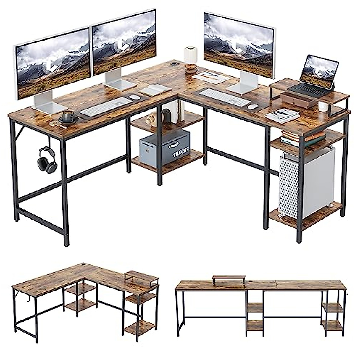 CubiCubi L Shaped Desk with Storage, 94.8 Inch Reversible Corner Computer Desk or 2 Person Long Table Desk, Home Office Large Gaming Writing Storage Workstation with Monitor Stand, Rustic Brown