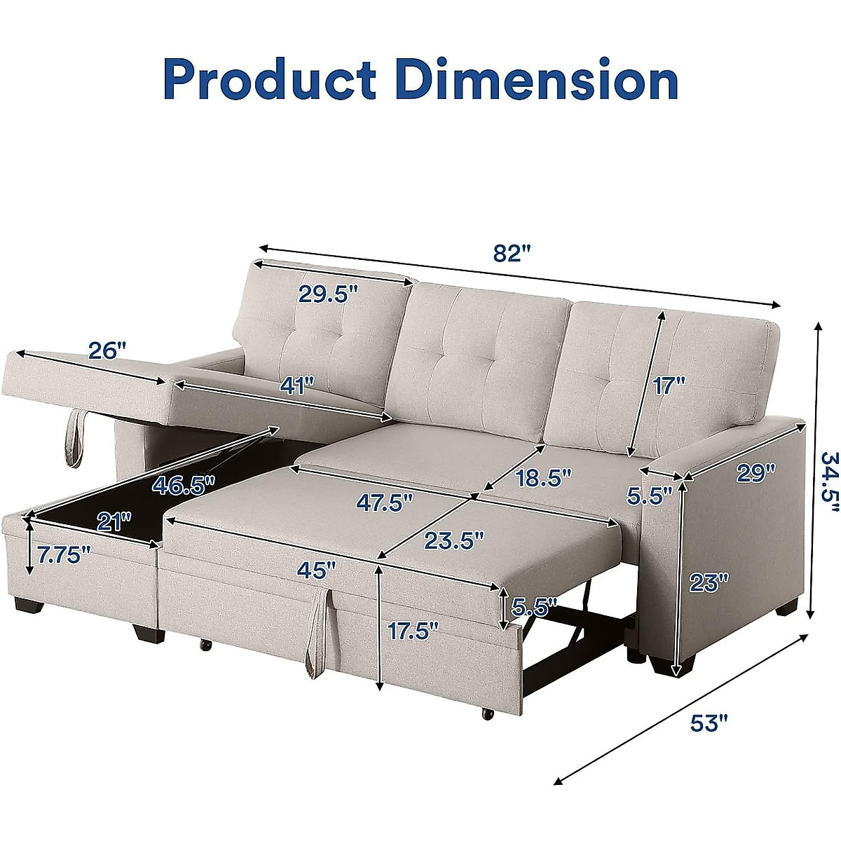 Wakefit Sectional Sofa Couch, 4-in-1 Sleeper Sofa Bed with Reversible Storage Chaise Pull Out Couch for Living Room | Hidden Stroge | Pull Out Bed | Removable Backrest | Linen Fabric, Beige