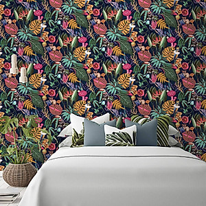 Wonderland Tropical Exotic Fantasy Themed Animal Plant Flower Printed Wallpaper Colourful Chameleon Toucan Tropical Foliage Flowers Navy Blue Holden WOW035