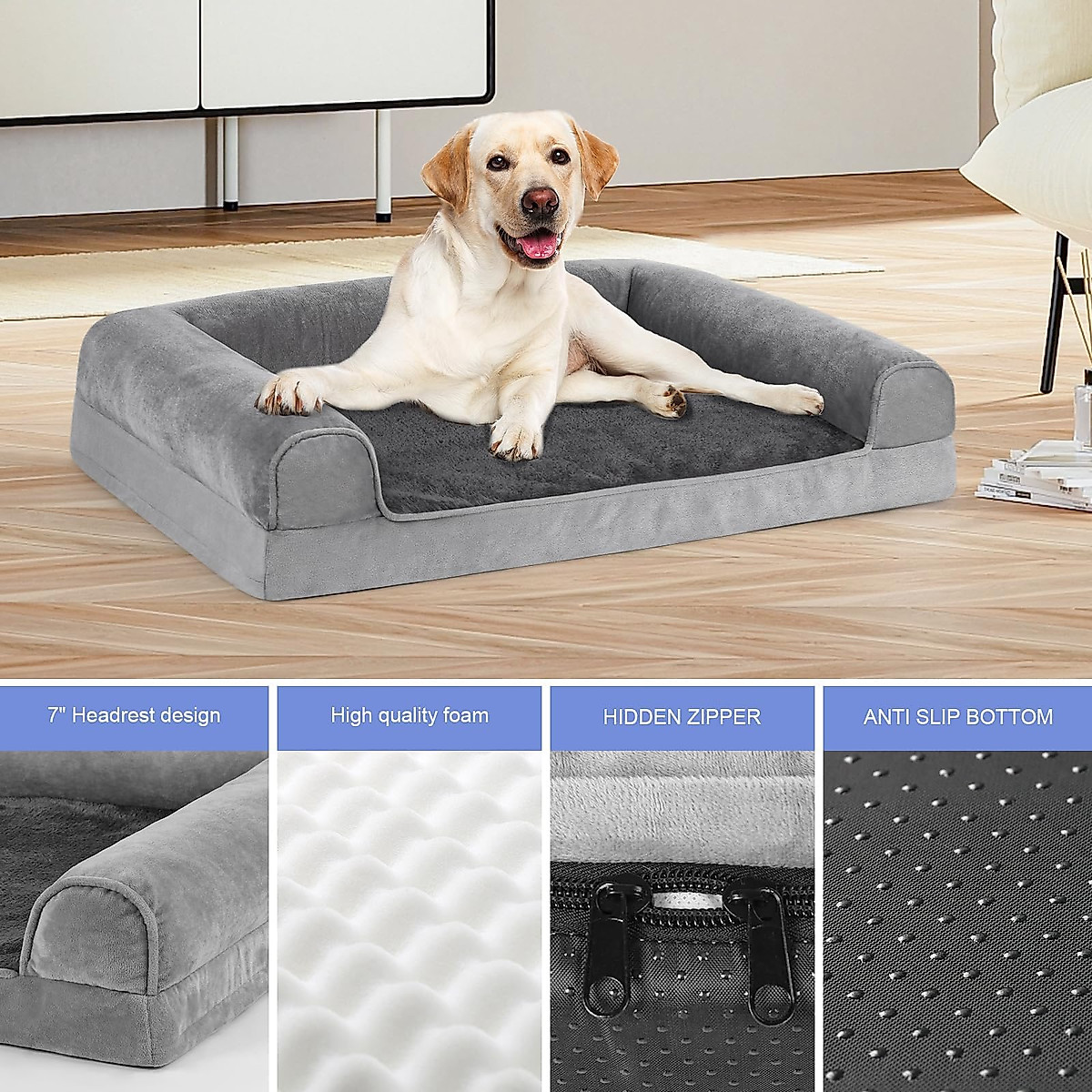 Sivomens Orthopedic Dog Bed for Large Dogs, Thick Egg-Crate Bolster Dog Bed with Sides, Removable Washable Cover and Nonskid Bottom Pet Sofa beds for Comfortable Sleep