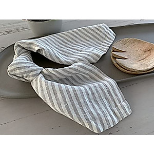 Linen Napkins – 100% French Flax – Stonewashed Pure Linen Cloth Napkins – Mitered Corners – Set of 4 (Gray/White Stripe)