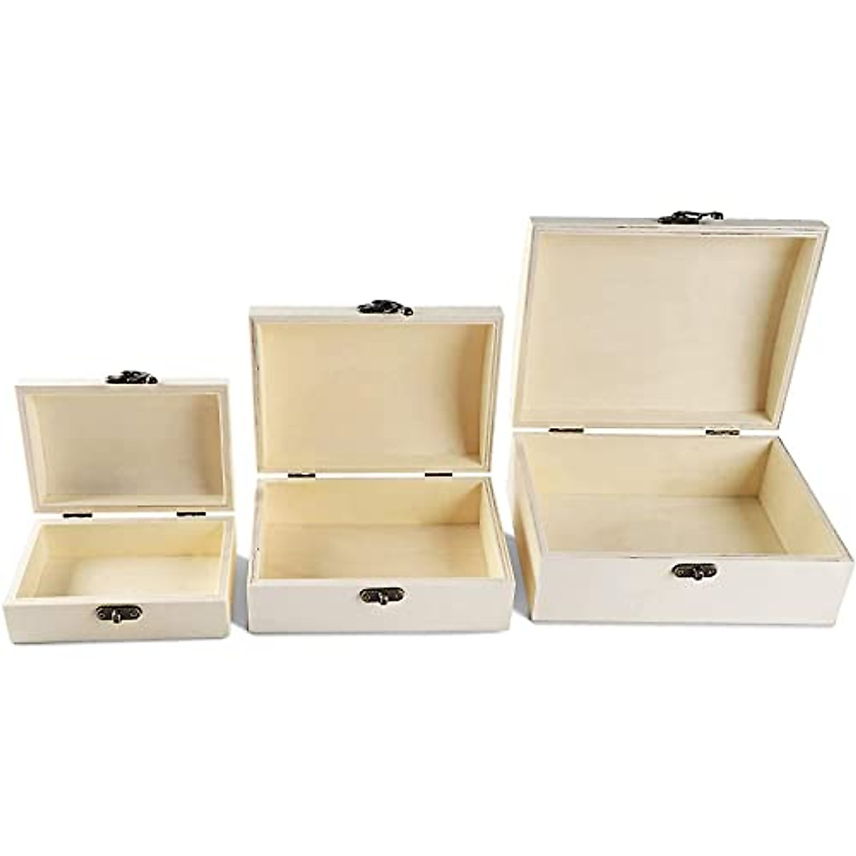 Unfinished Wood Box with Hinged Locking Lid, Wooden Jewelry Box (3 Pack)