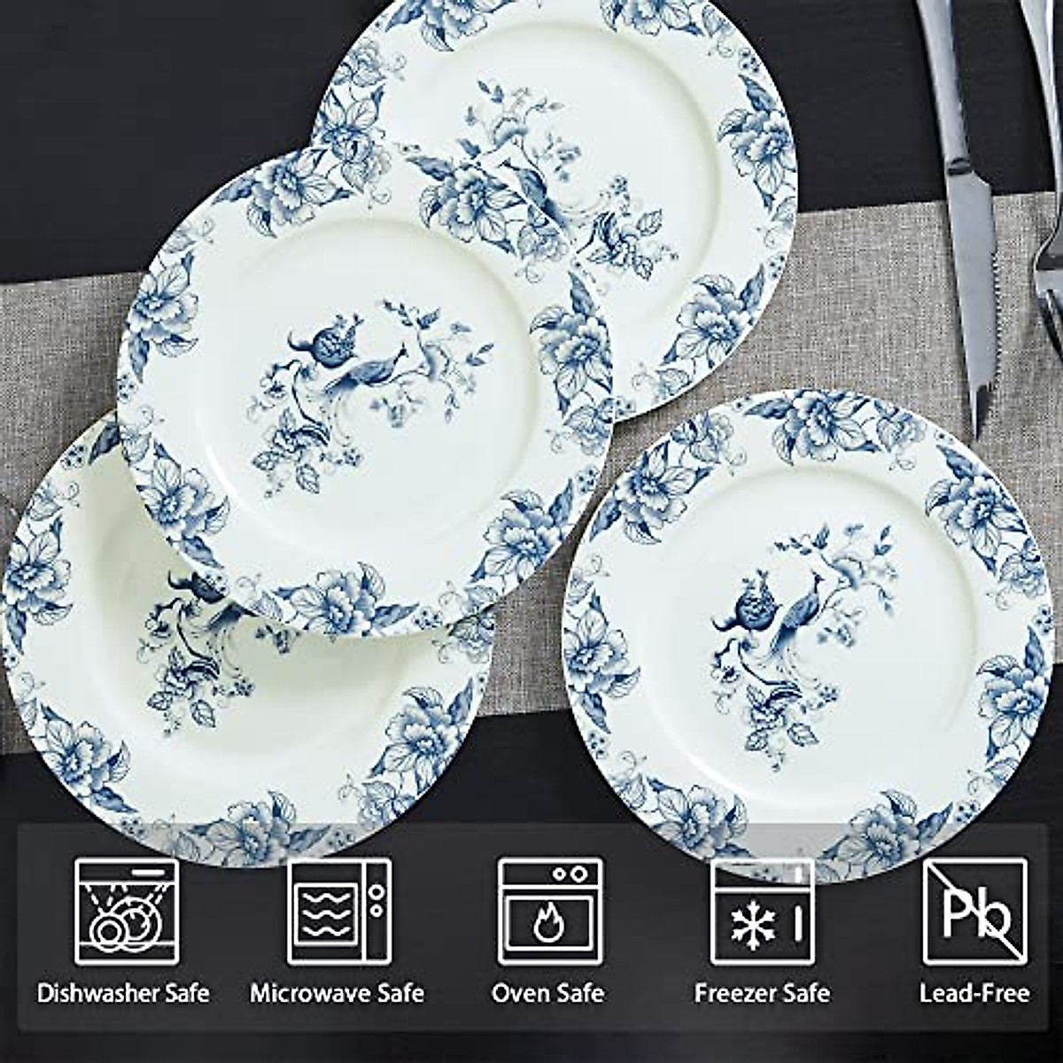 fanquare 8" Bone China Dessert Plates Set of 4, European Blue Floral Pasta Bowls Set, Porcelain Salad Plates for Soup, Microwavable Plates