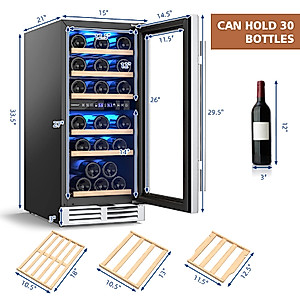 COSTWAY 15 5-Inch, 30-Bottle Cellar with Lock, Glass Door, Memory Temp Control, Freestanding & Built-in Mini Fridge for Bar Kitchen Home Wine Cooler Refrigerator, 15 Inch Dual Zone, Black