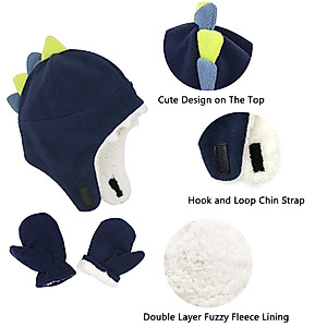 Baby Boy Sherpa Hats and Mittens Set Toddler Gloves Warm Fleece Winter Hat Baby Girl Dinosaur Navy 2-4T