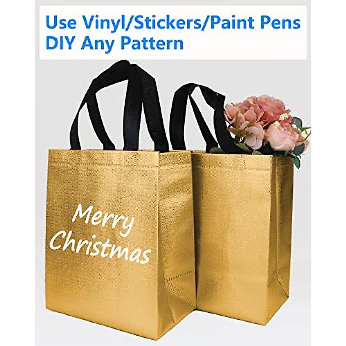 HUANN 12 Pcs Gold Gift Bags Medium Size Shine Reusable Gift Bags with Handles Metallic Glossy Non Woven Gift Bags for Wedding Christmas Party Birthday 8 x 5 x 10 Inch