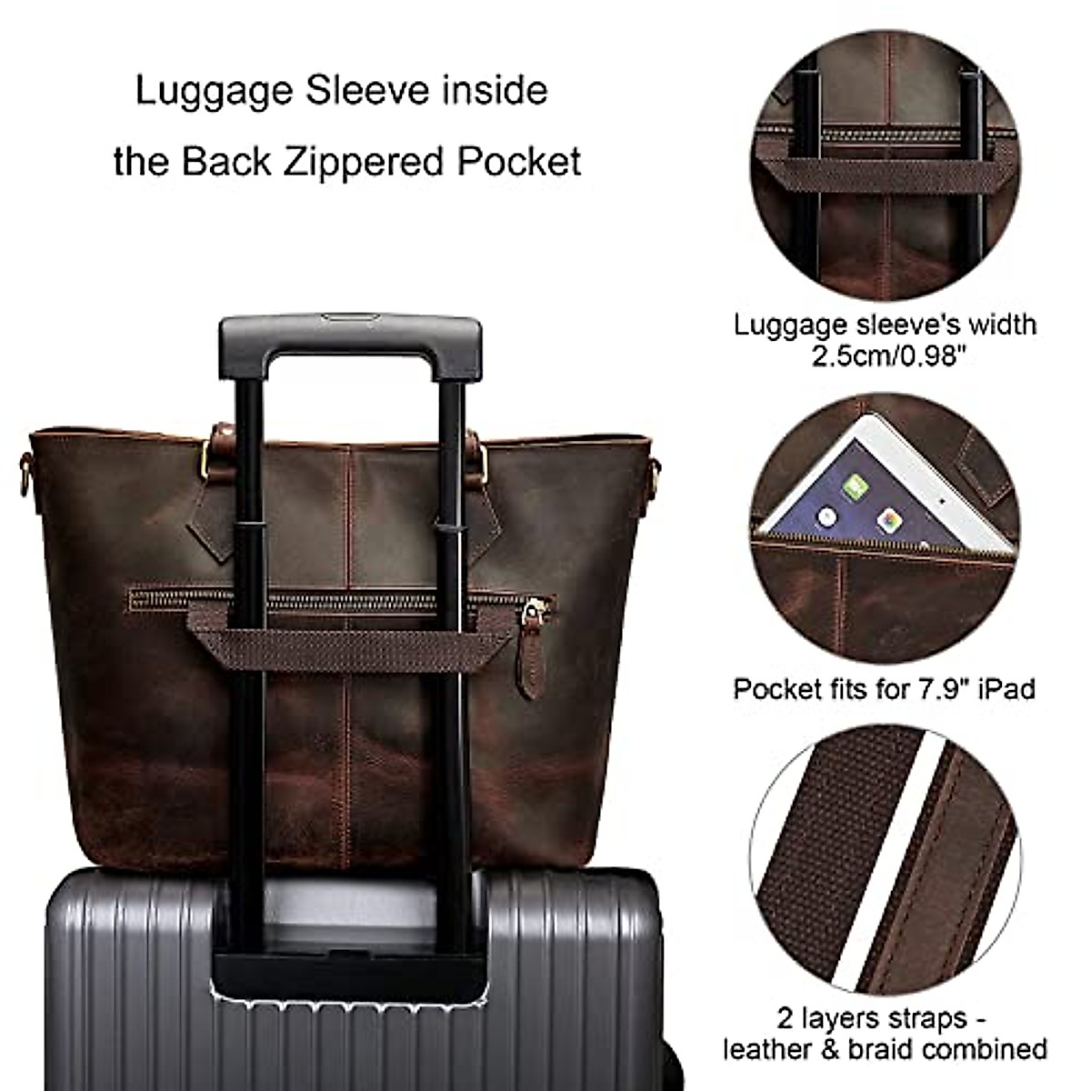 S-ZONE Vintage Genuine Leather Shoulder Bag Work Totes for Women Purse Handbag with Back Zipper Pocket Large