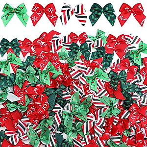 Syhood 150 Pcs Christmas Mini Bow Tiny Twist Tie Bow Handmade Craft Ribbon Bow Hair Small Bow Holiday Bow Craft Supply for DIY Sewing Party Decor (Red and Green,Patterned)