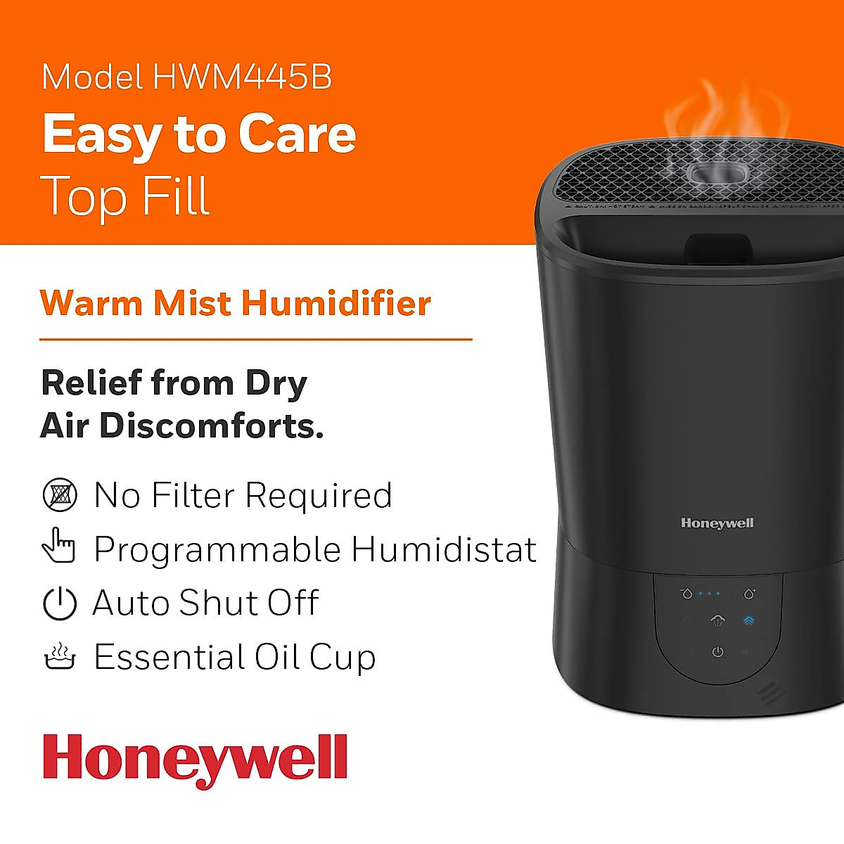 Honeywell Easy-to-Care Filter Free Warm Mist Humidifier, Medium Rooms, 1.5 Gallon Tank – Humidistat for Bedroom, Home or Office Black