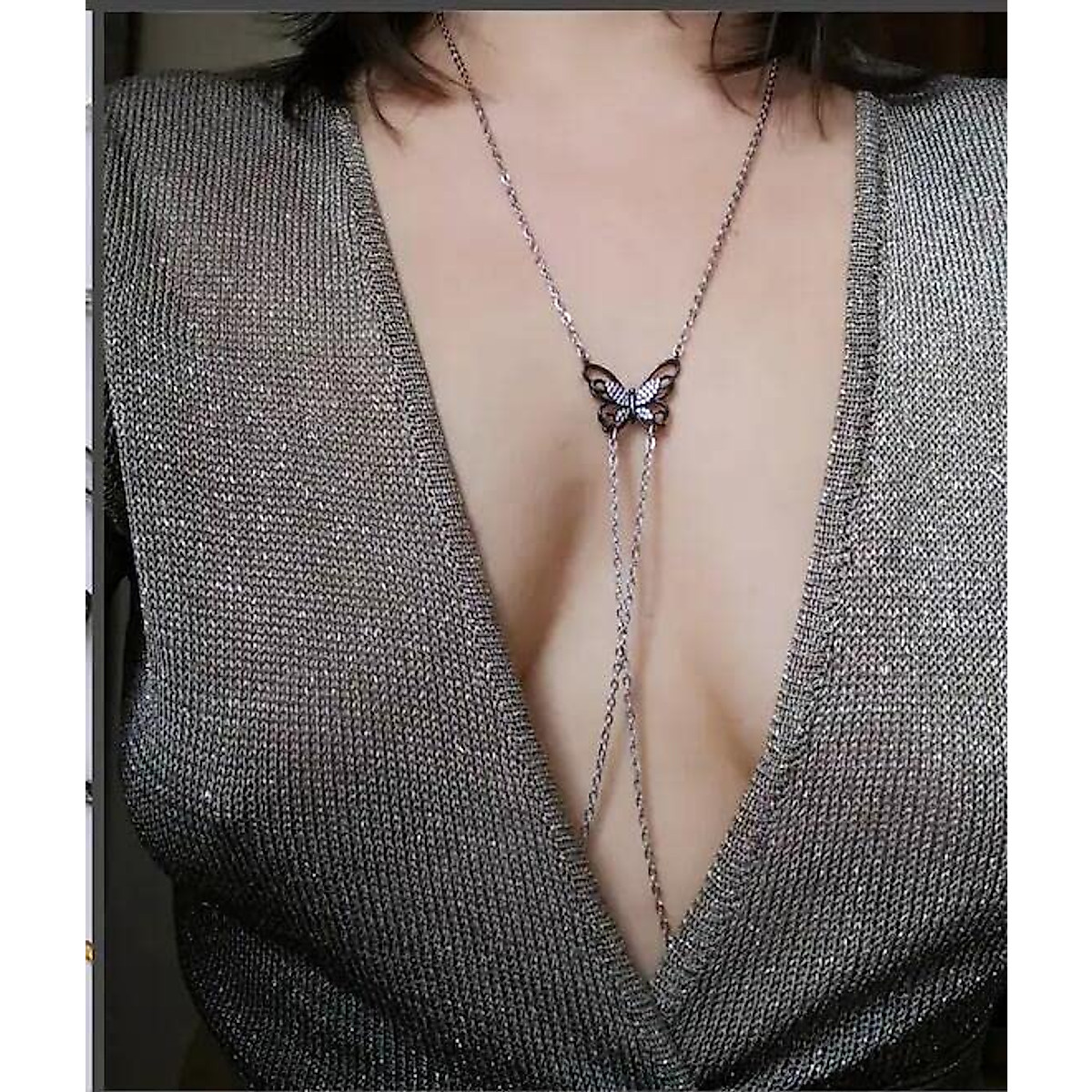 D.Bella Fake Nipple Piercing with Chain for Women Sexy Non Piercing Nipple Ring with Butterfly Necklaces Adjustable Jewelry