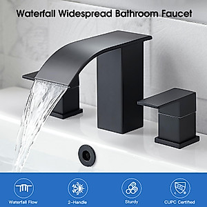 RUMOSE 8 inch Bathroom Faucets Set Matte Black Bathroom Sink Faucet 3 Hole with Pop Up Drain Widespread 2 Handles Stainless Steel Lavatory Vanity Faucet Waterfall Spout Bathroom Faucet Deck Mounted