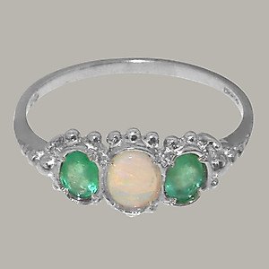 Stunning 925 Sterling Silver Natural Opal & Emerald Womens Engagement Ring - Size 8.5