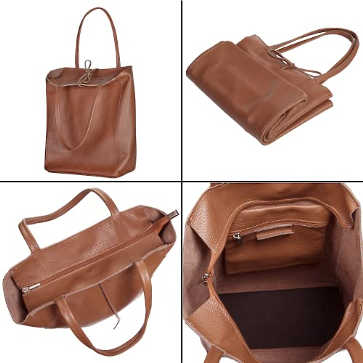 TAKEASY Women's Genuine Leather Italian Tote Bag with Zipper - Large Handbag for Shopping, Work and Travel (Camel)