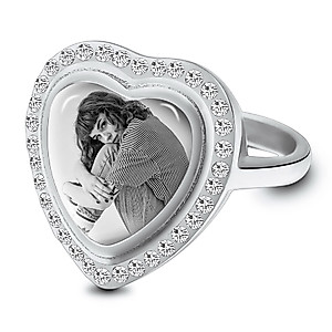 MeMeDIY Custom Ring for Women with Photo Stainless Steel Heart Shaped Ring Cubic Zirconia Gold/Rose gold Anniversary Relationship Ring Promise Ring Vintage Jewelry (Silver Size 7)