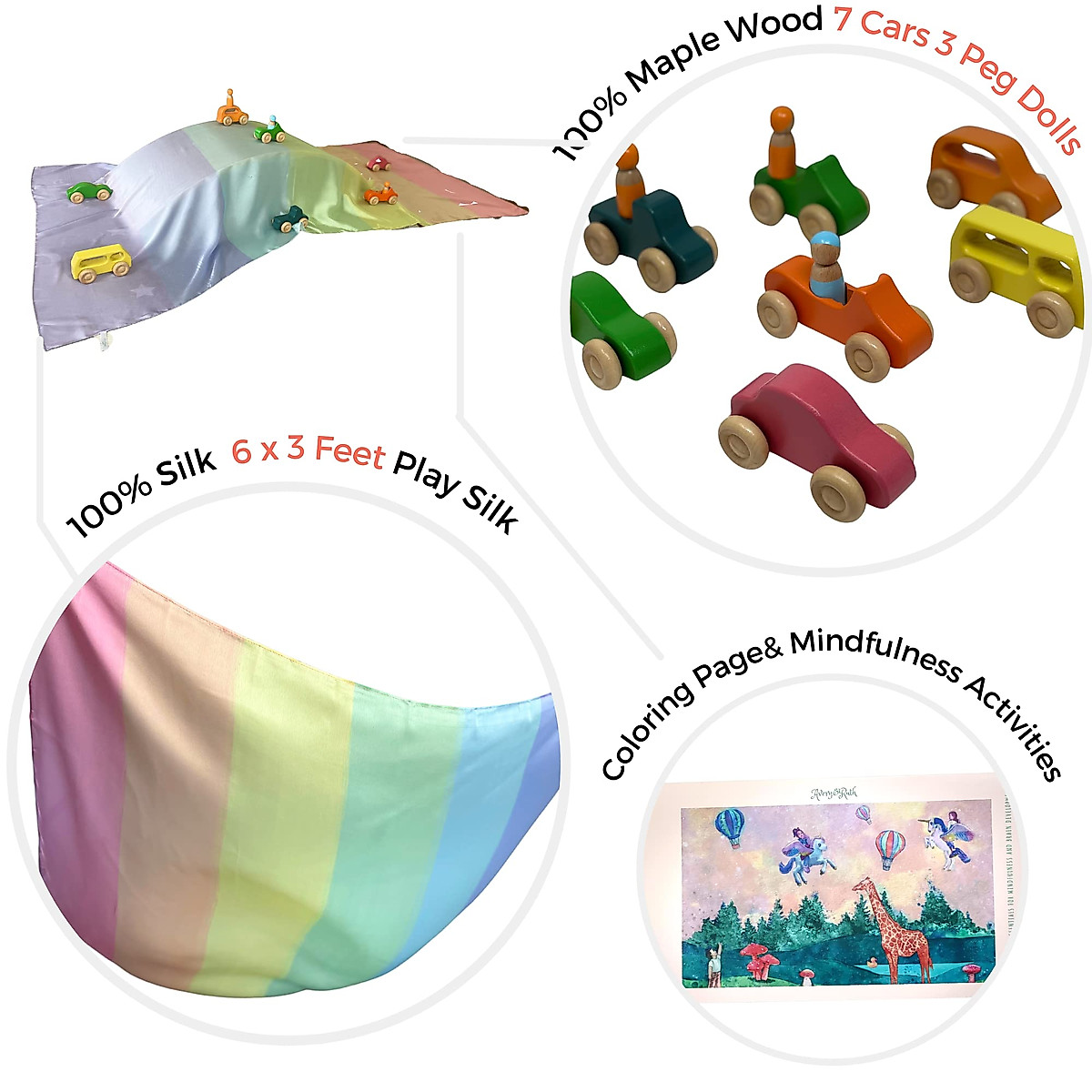 Avery & Ruth Waldorf Toys Rainbow Car Set - 70” x 35” Silk Scarf for kids to play- 7 Handmade Wooden Car - 3 Peg Dolls - Montessori Rainbow Toy - 100% Silk