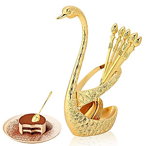 Agatige Gold Coffee Spoon for Coffee Bar, 6pcs 5in Long Coffee Stir Spoon Crown Handle Dessert Spoons Gold Tea Spoons Espresso Spoons with Decorative Swan Base Holder (Gold)