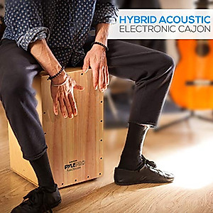 Pyle Wooden Hand Drum Percussion Beat Box-Hybrid Electronic Style Acoustic E-Cajon w/Built-in Pickup Connector, Internal Guitar Snare String PCJD50