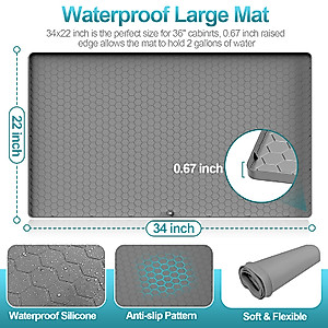 UEAKPIC Under Sink Mat 34" x 22", Waterproof Silicone Undersink Mat for Kitchen, Bathroom, Cabinet Protector Fits 36'' Standard Cabinets, Under Sink Tray Liner Up to 2.2 Gallons Liquid (Gray)