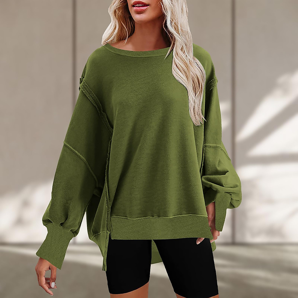SMIDOW prime deals day Womens Oversized Crewneck Sweatshirts Hoodies Fall 2023 Fashion Warm Y2k Clothes Casual Slit Sloucthy Pullover Tops Oversized Crewneck Sweatshirt Army Green