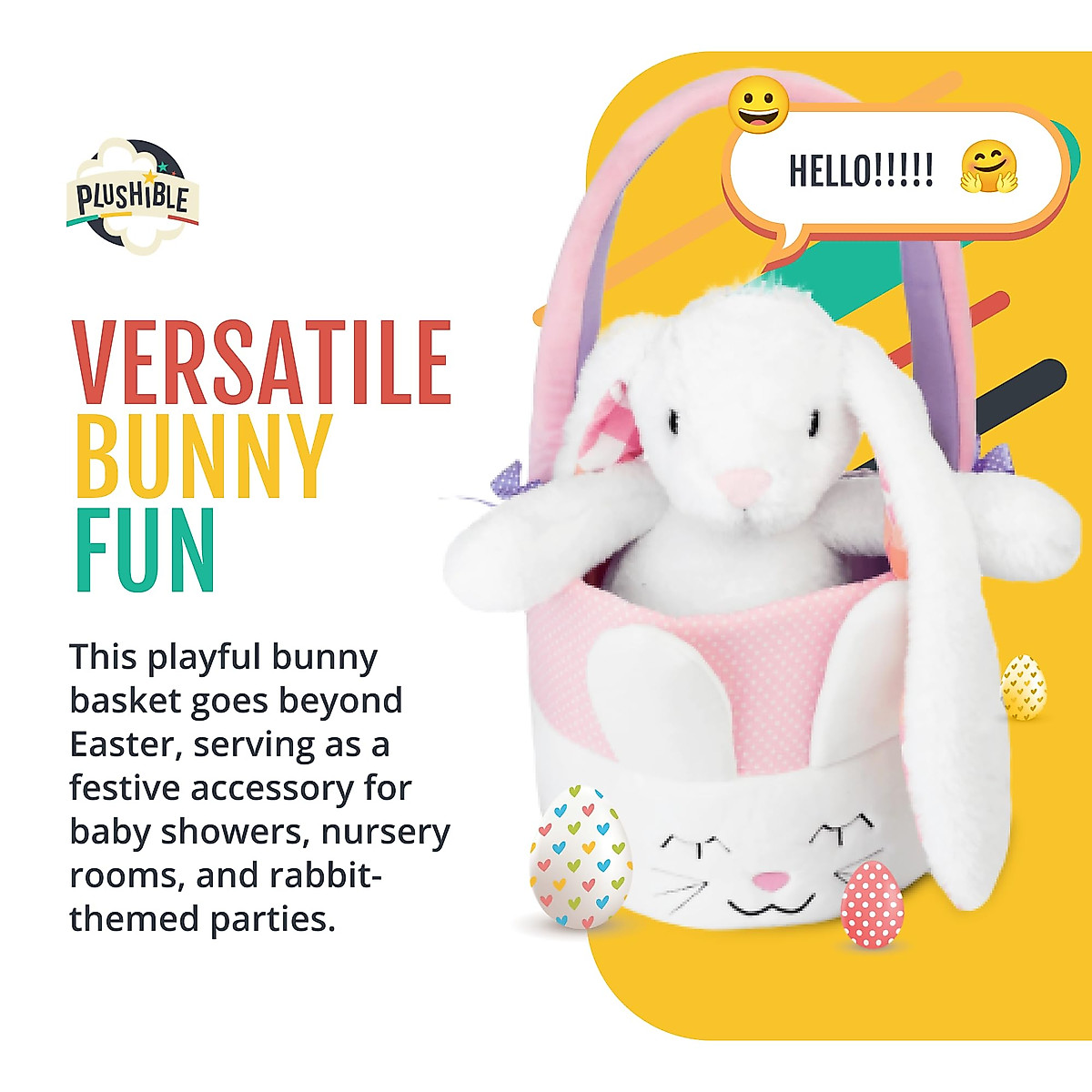 PLUSHIBLE BRIDGING MILES WITH SMILES Bunny Easter Basket with Handle - Ideal for Baby's 1st Easter, Toddlers, Boys, and Girls of All Ages, Perfect for Gifts and Treats