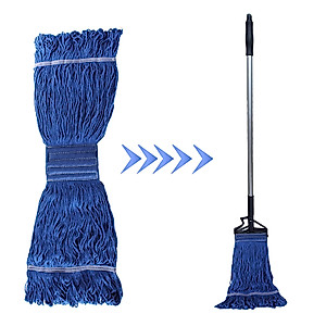 4Pcs Commercial String Mop Head, Loop-End Mop Head Replacement, Heavy Duty Mop Head Refills, 6 Inch Headband, Cotton Looped End Wet Cleaning Mop Refill for Home, Industrial and Commercial Use (Blue)