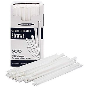Party Essentials Disposable Plastic Drinking Straws, 10.25" Giant/300 Count, Individually Wrapped Clear
