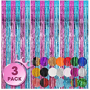 Voircoloria 3 Pack 3.3x8.2 Feet Blue and Pink Foil Fringe Backdrop Curtains, Tinsel Streamers Birthday Party Decorations, Fringe Backdrop for Graduation, Baby Shower, Gender Reveal, Disco Party
