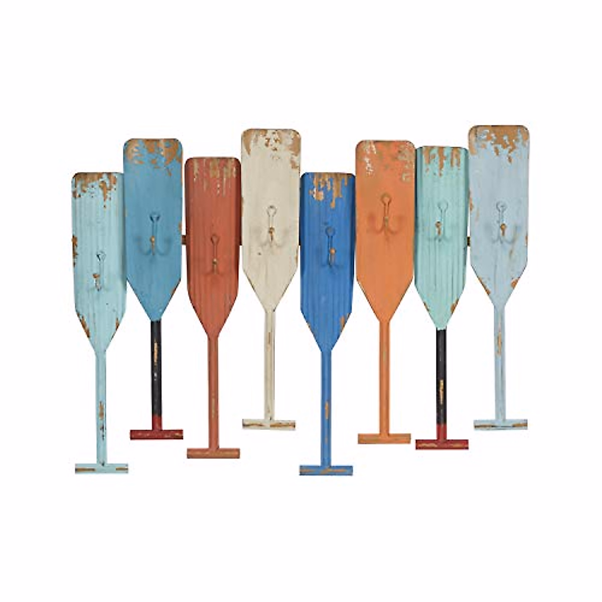Deco 79 Metal Paddle Indoor Outdoor Distressed Oar Shaped 8 Hooks Wall Hook, 26" x 1" x 20", Multi Colored