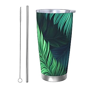 Tropical Palm Leaves Tumbler with Lid and Straw 20oz Stainless Steel Car Cup for Hot and Cold Drinks, Double Wall Insulated Travel Coffee Mug Reusable Drink Thermos Cup Birthday Gifts