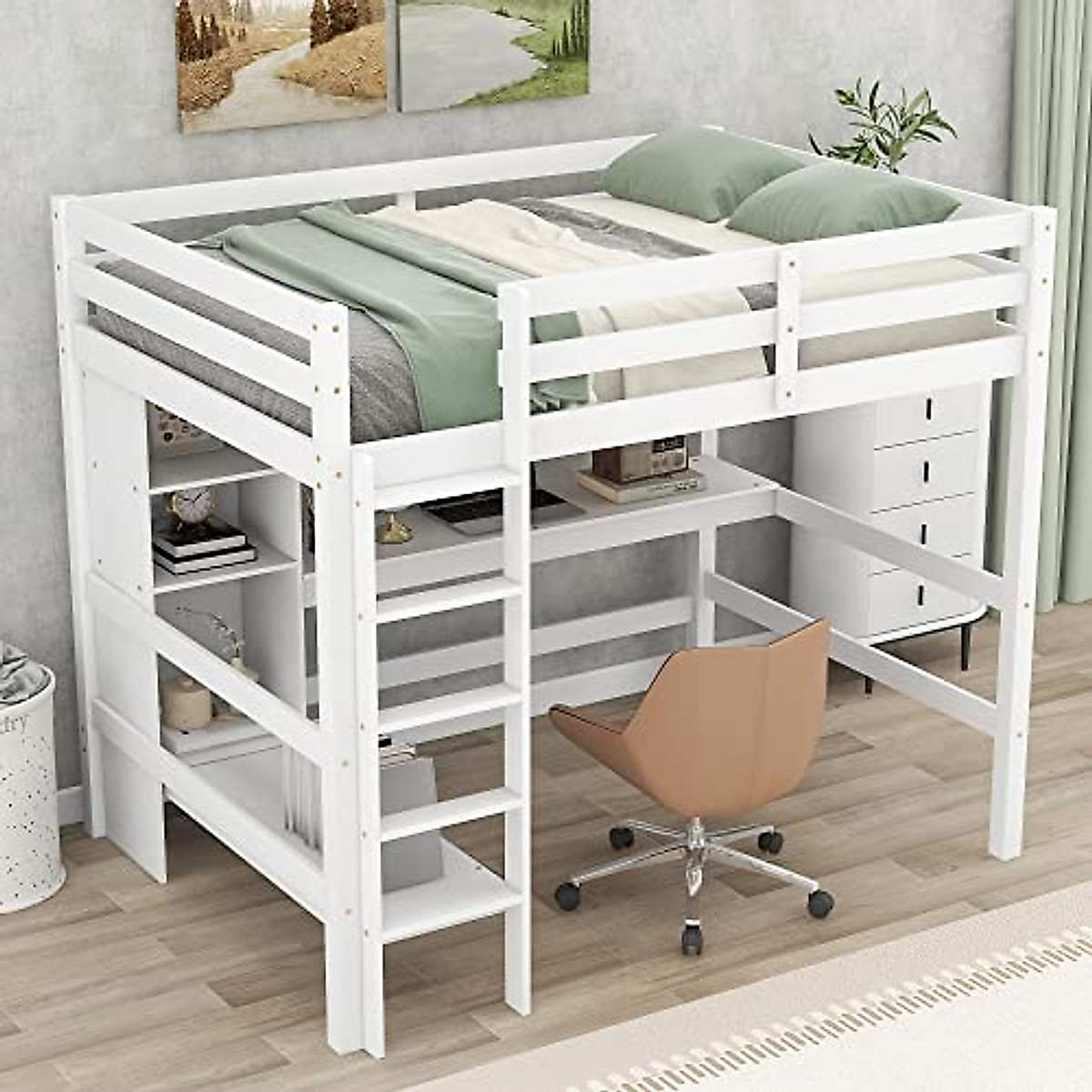 Full Loft Bed with Desk and Storage Shelves, Wood Loft Beds Frame with Bookcase, Modern High Loft for Kids Boys Girls Teens, Full Size, White
