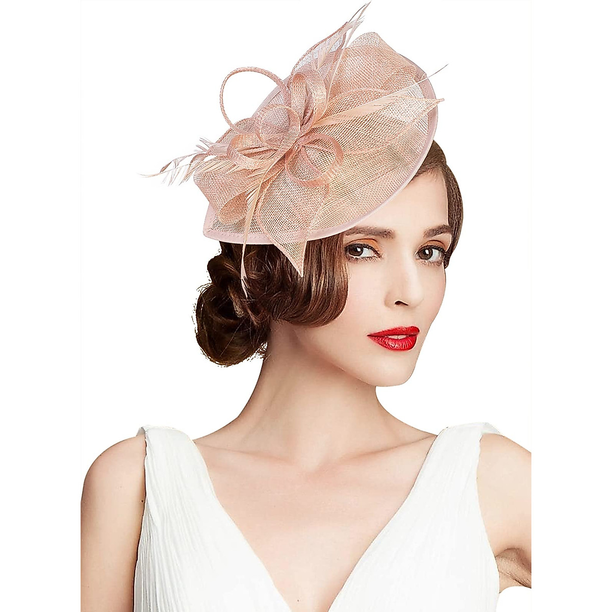 Z&X Wedding Fascinator Sinamay Headband Tea Party Hats for Women Flower Feather Derby Pillbox Hat Clips Peach Pink