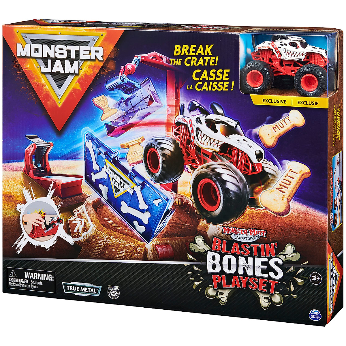 Monster Jam, Blastin’ Bones Playset with Exclusive Monster Mutt Dalmatian, Monster Truck Kids Toys for Boys Aged 3 and Up
