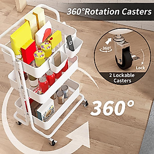 EZ COZY 3 Tier Rolling Cart Heavy Duty,Metal Rolling Utility Cart with Wheels and Handle, Rolling Storage Cart with 2 Hanging Buckets, Multifunctional Trolley for Kitchen, Living Room, Office (White)