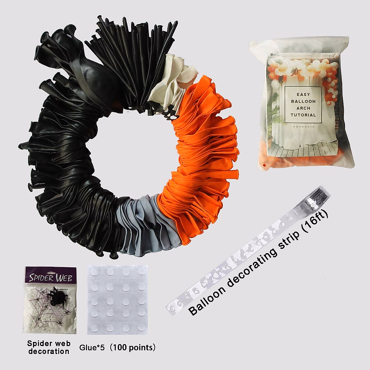BONROPIN Halloween Balloon Garland Arch kit with Halloween Spider Web Black Orange Gray Balloons Spider Balloons for Halloween Day Party Decorations