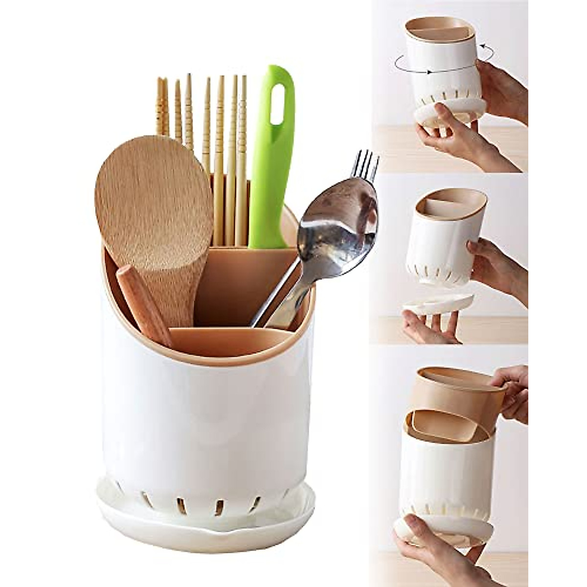 spolis Kitchen Utensil Holders Cutlery Drying Rack for Counter with Catch Pan and Drain Hole, Anti Tilting Kitchen Silverware Drainer Basket Sink Caddy for Forks, Knives, Spoons, Chopsticks-Apricot