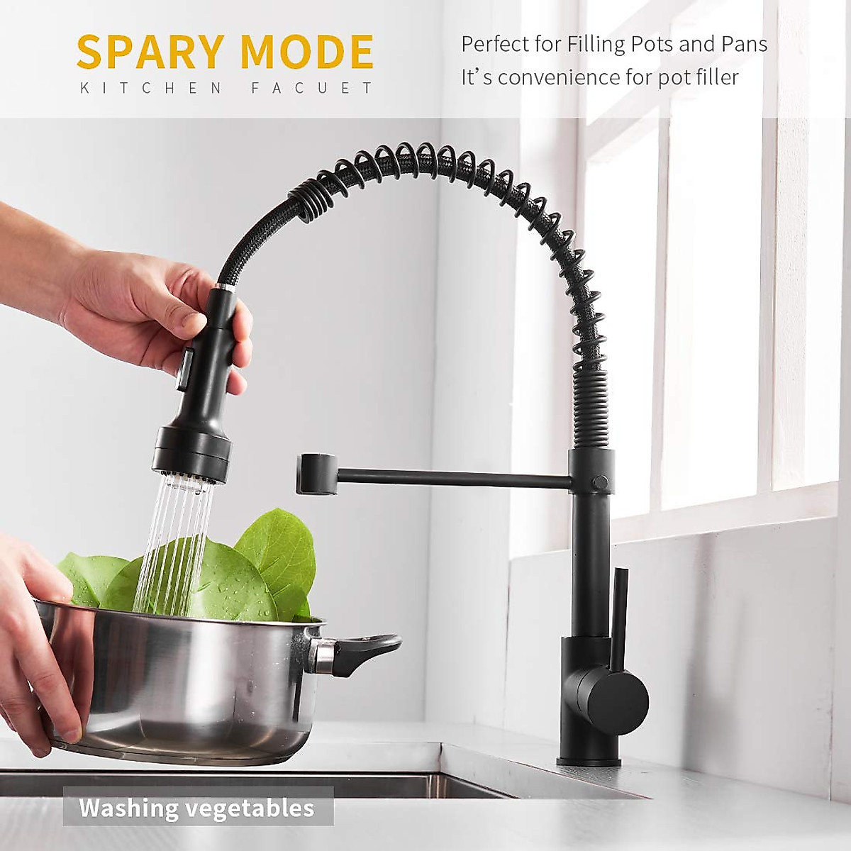 AIMADI Kitchen Faucet with Sprayer, Modern Single Handle Pull Down Sprayer Spring Matte Black Kitchen Sink Faucet with LED Light
