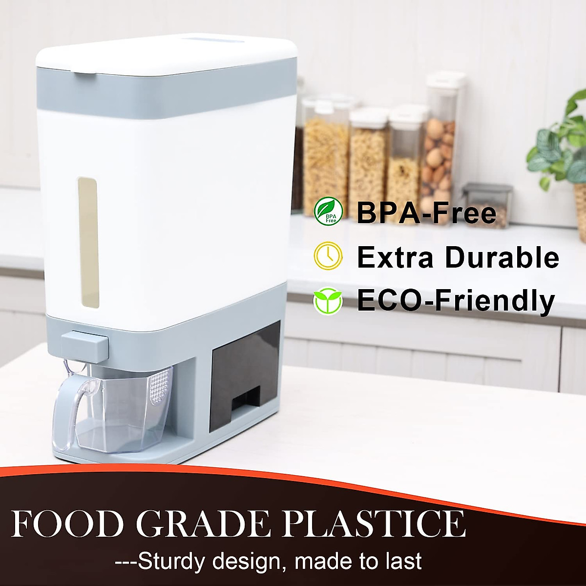 MATCHAIDEN7 26.5Lbs Airtight Rice Dispenser with Measuring Cup: Extra Large Rice Storage Container with Fresh Box and Side Storage Box, Perfect to Hold 25 Pounds of Rice