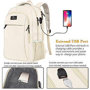MATEIN Beige Laptop Backpack 15.6 Inch, Lightweight Sturdy Bag for College Supplies with USB Charging Port, Water Resistant Anti Theft Travel Computer Daypack Fashion Work Nurse Bag Gift for Women