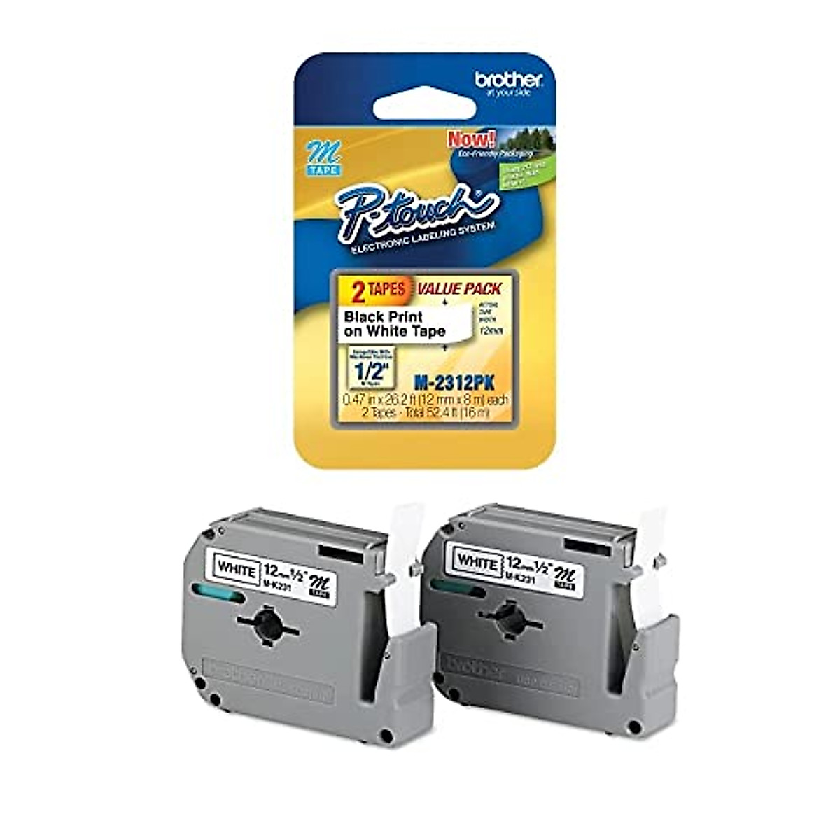 Genuine OEM brand name Brother M-2312PK Black on White Tapes 0.5"x26.2' (2/pk) M2312PK