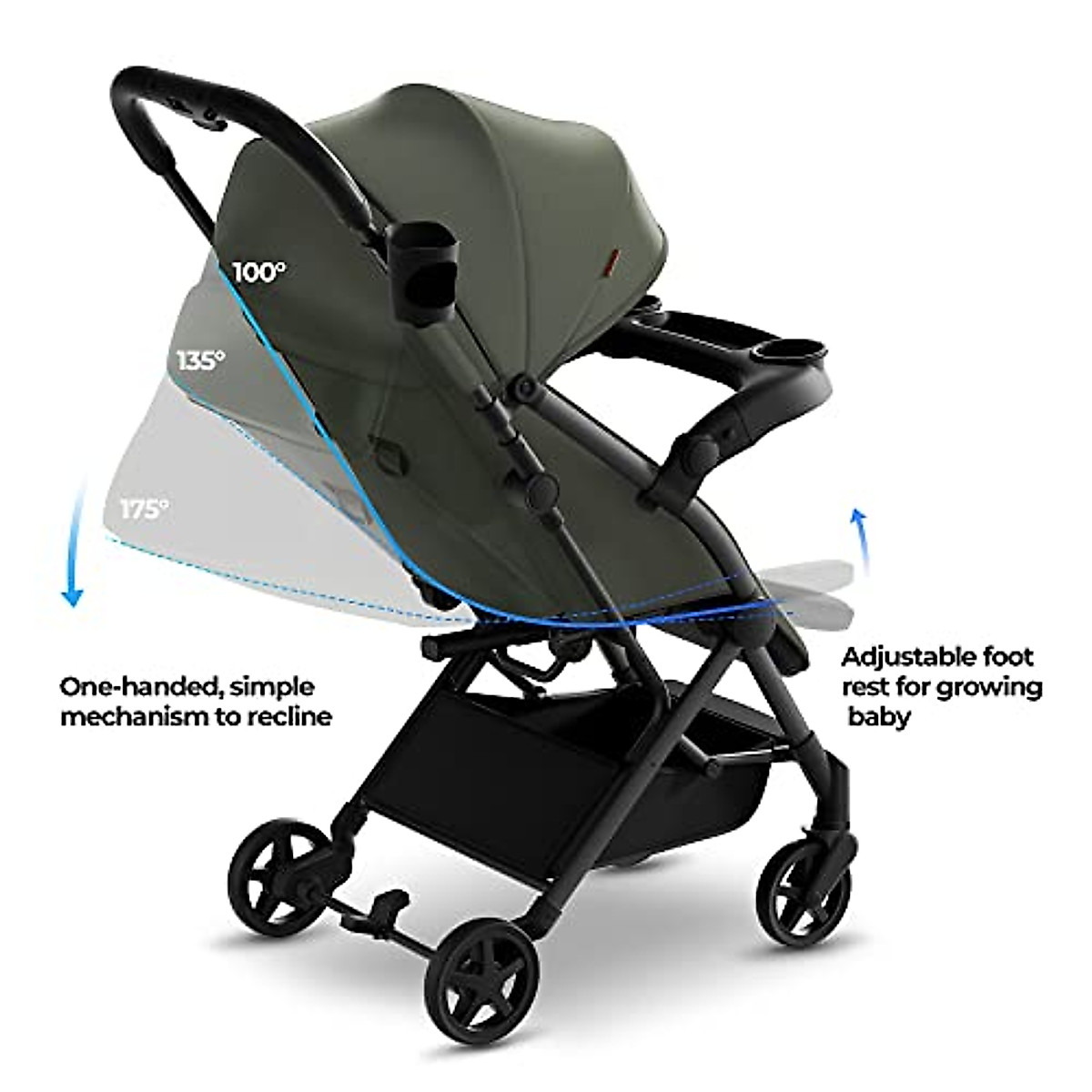 Mompush Lithe V2 Lightweight Stroller + Snack Tray, Ultra-Compact Fold & Airplane Ready Travel Stroller, Near Flat Recline Seat, Cup Holder, Raincover & Travelbag Included