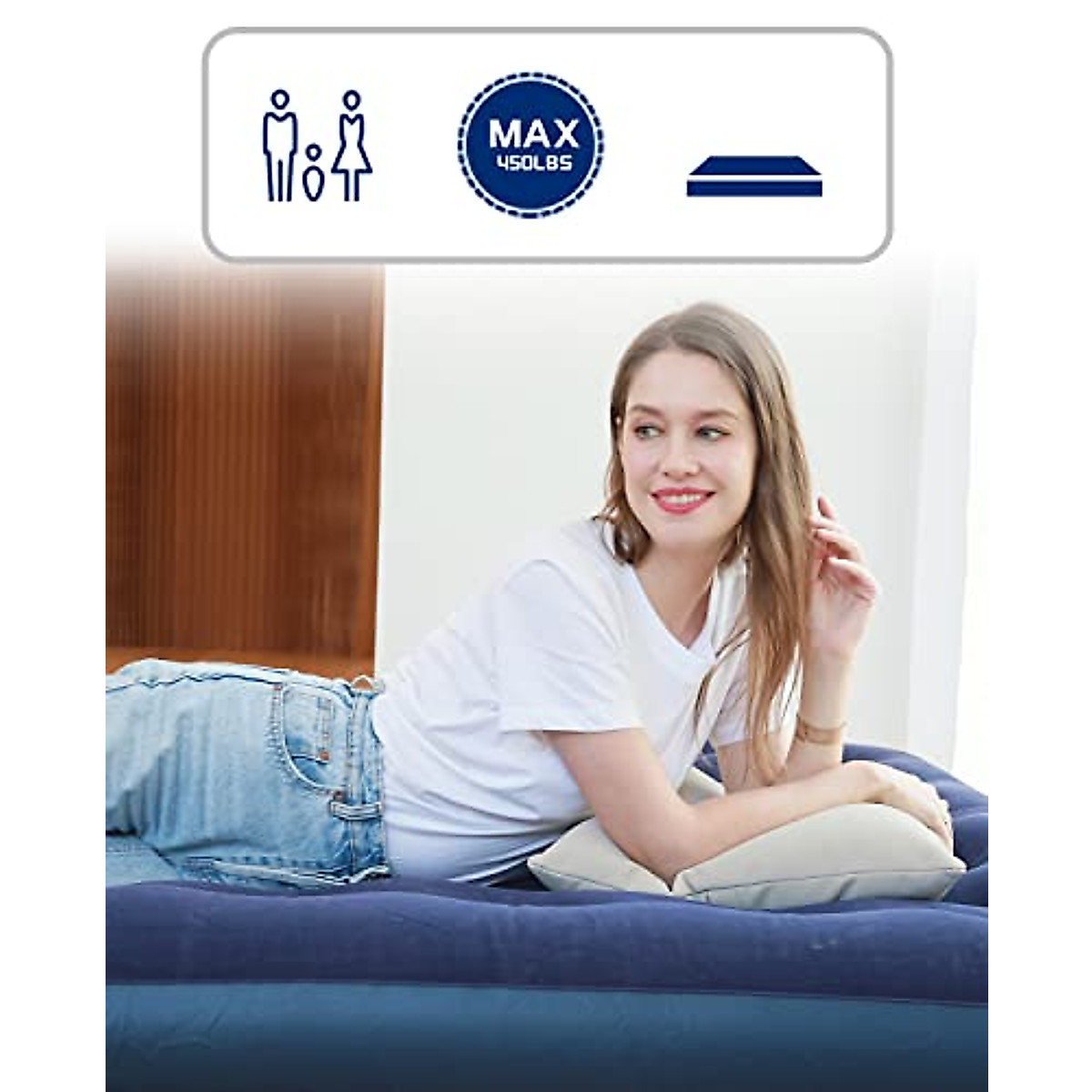 JEAOUIA Twin Size Air Mattress for Inflatable - Portable Blue Blow Up Mattresses with Flocked top - Single Foldable Air Bed for Tent Camping Home Travel Backpacking