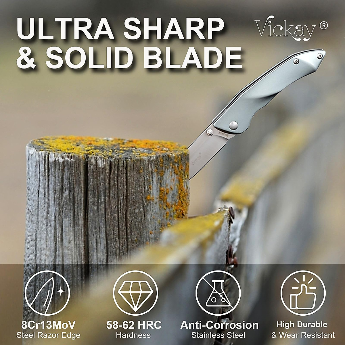 Vickay Pocket Knife for Men Pocket Folding Knives 2.95" 8Cr13MoV Steel Blade, Aluminum Handle, Liner Lock Knife with Clip, EDC Knife for Outdoor Camping, Fishing, Hunting, Tactical Gift (Silver)