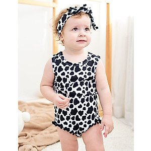 Ahegao Infant Girls Cow Print Rompers for Toddlers Cute Black and White Dots Bodysuits Crewneck Buttons Snap Design Jumpsuits with Tassel Kids Boy Casual Sleeveless Outfits Lovely Clothes, 3-6 Months