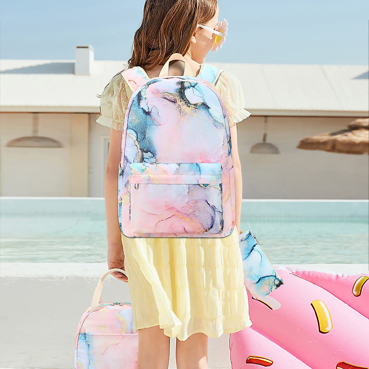 BTOOP Girls School Backpack Marble Schoolbag Laptop Bookbag Insulated Lunch Tote Bag Purse Teens Boys Kids (Marble 31-pink)