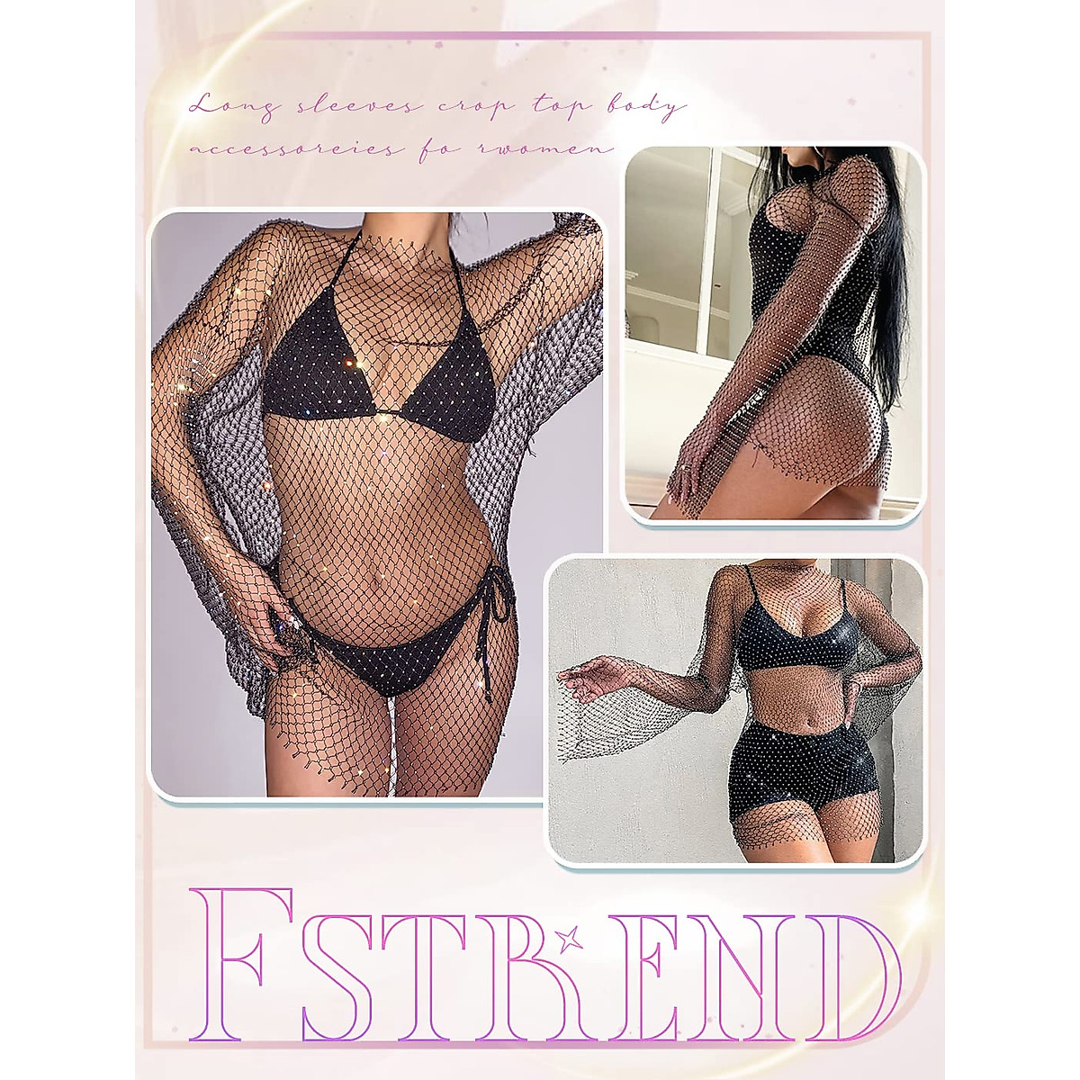 Fstrend Crystal Mesh Body Chains Rhinestone Fishnet Black Crop Top Long Sleeves See Through Bikini (as1, alpha, l, x_l, plus, regular, Black-long clothes)