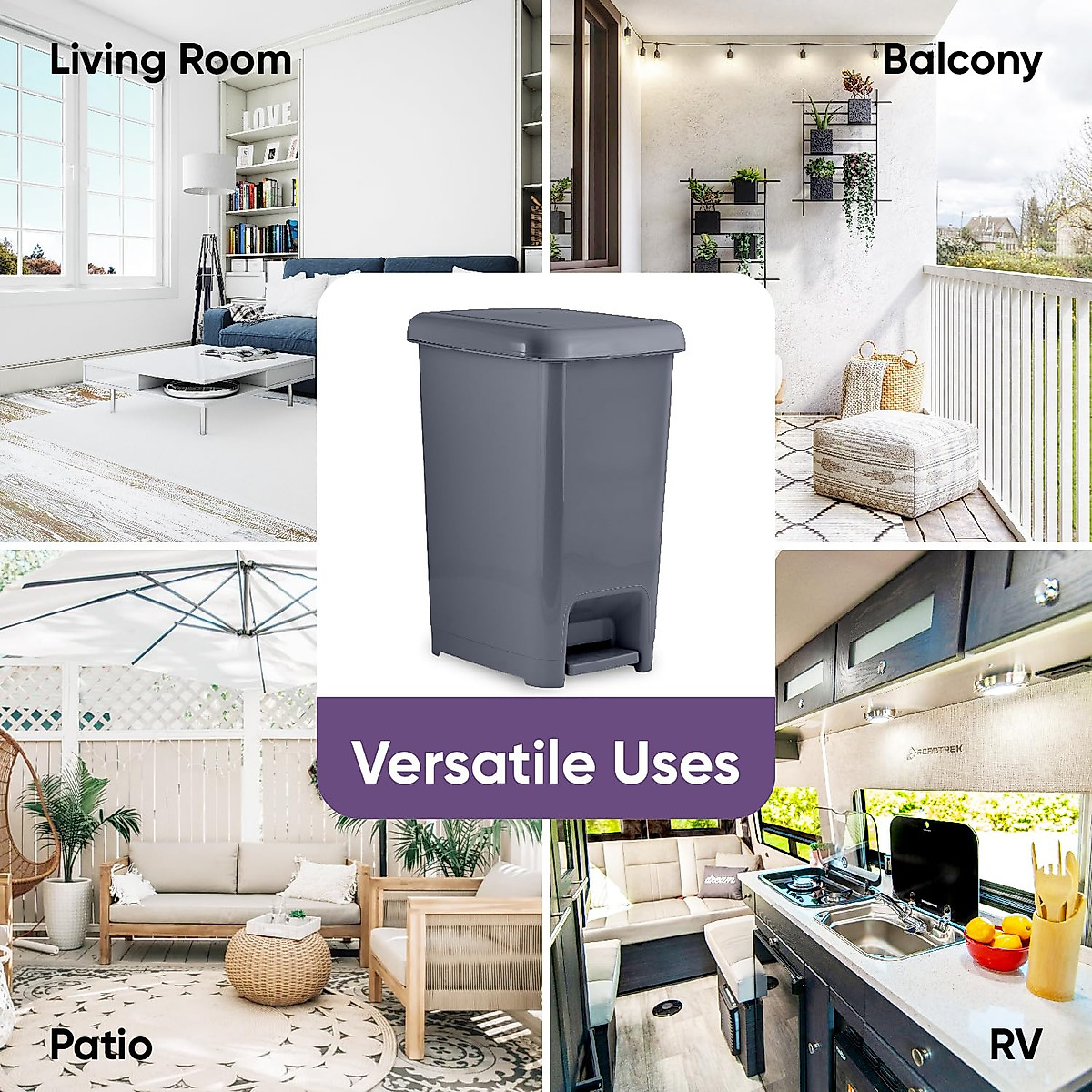 Superio Slim Trash Can with Foot Pedal – 2.5 Gallon Step-On Trash Can with Lid, Small Plastic Garbage Can, Mini Trash Can for Bathroom, Kitchen, Office, Under Desk, Bedroom, Dorm – Onyx Grey, 2